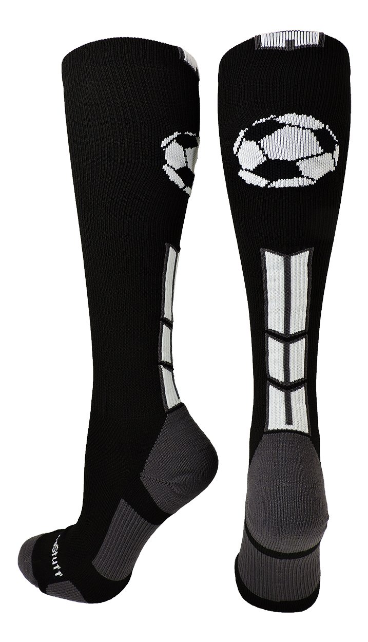 MadSportsStuff Soccer Socks with Soccer Ball Logo Over the Calf (Black/White/Graphite, Medium)