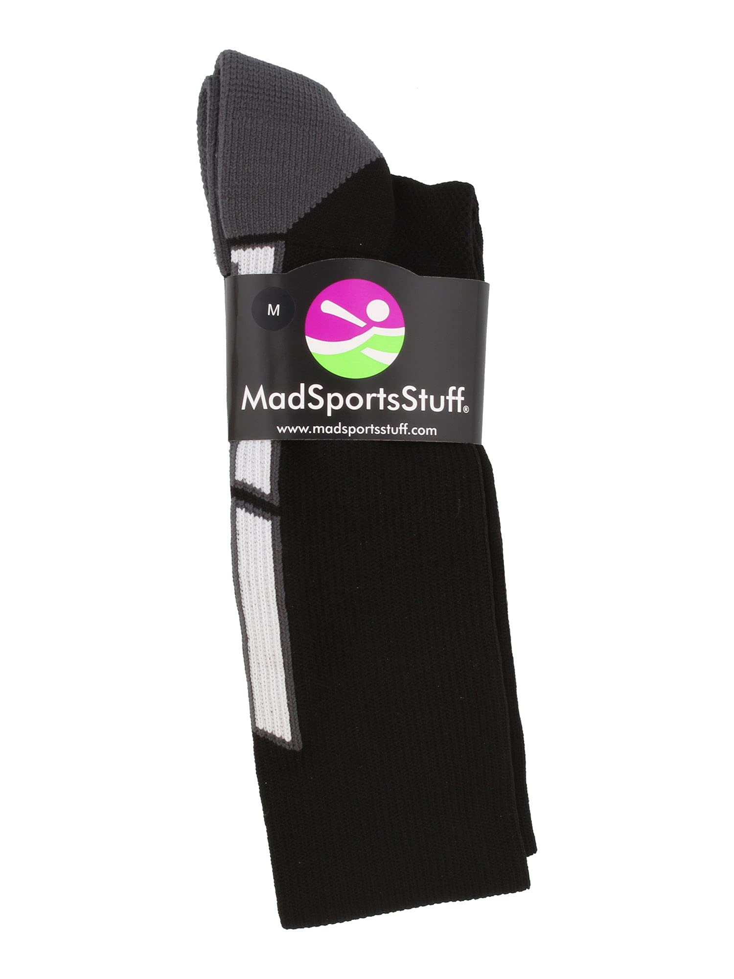 MadSportsStuff Soccer Socks with Soccer Ball Logo Over the Calf (Black/White/Graphite, Medium)