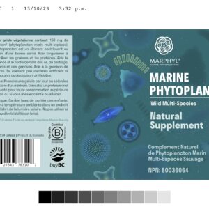 MARPHYL Marine Phytoplankton Wild Multi Species Natural Supplement - 150 mg per capsule - organic - 30 vegan capsules - from Vancouver Island, Canada