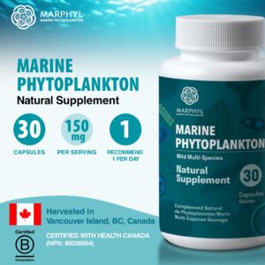 MARPHYL Marine Phytoplankton Wild Multi Species Natural Supplement - 150 mg per capsule - organic - 30 vegan capsules - from Vancouver Island, Canada