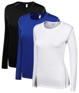 wanayou women's compression shirt dry fit long sleeve running athletic t-shirt workout tops (3 pack(black+white+blue), medium)