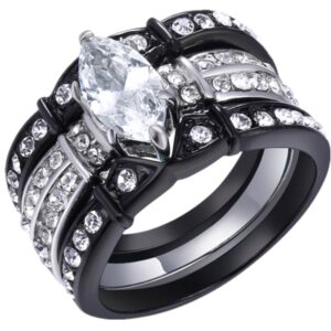 mabella black wedding engagement ring set stainless steel marquise cz gifts for women, size 8