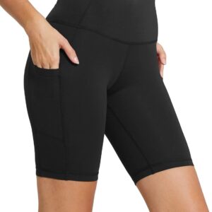 BALEAF Biker Shorts Women Yoga Gym Workout Spandex Running Volleyball Tummy Control Compression Shorts with Pockets 8" Black S