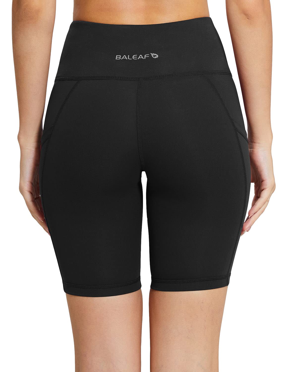 BALEAF Biker Shorts Women Yoga Gym Workout Spandex Running Volleyball Tummy Control Compression Shorts with Pockets 8" Black S