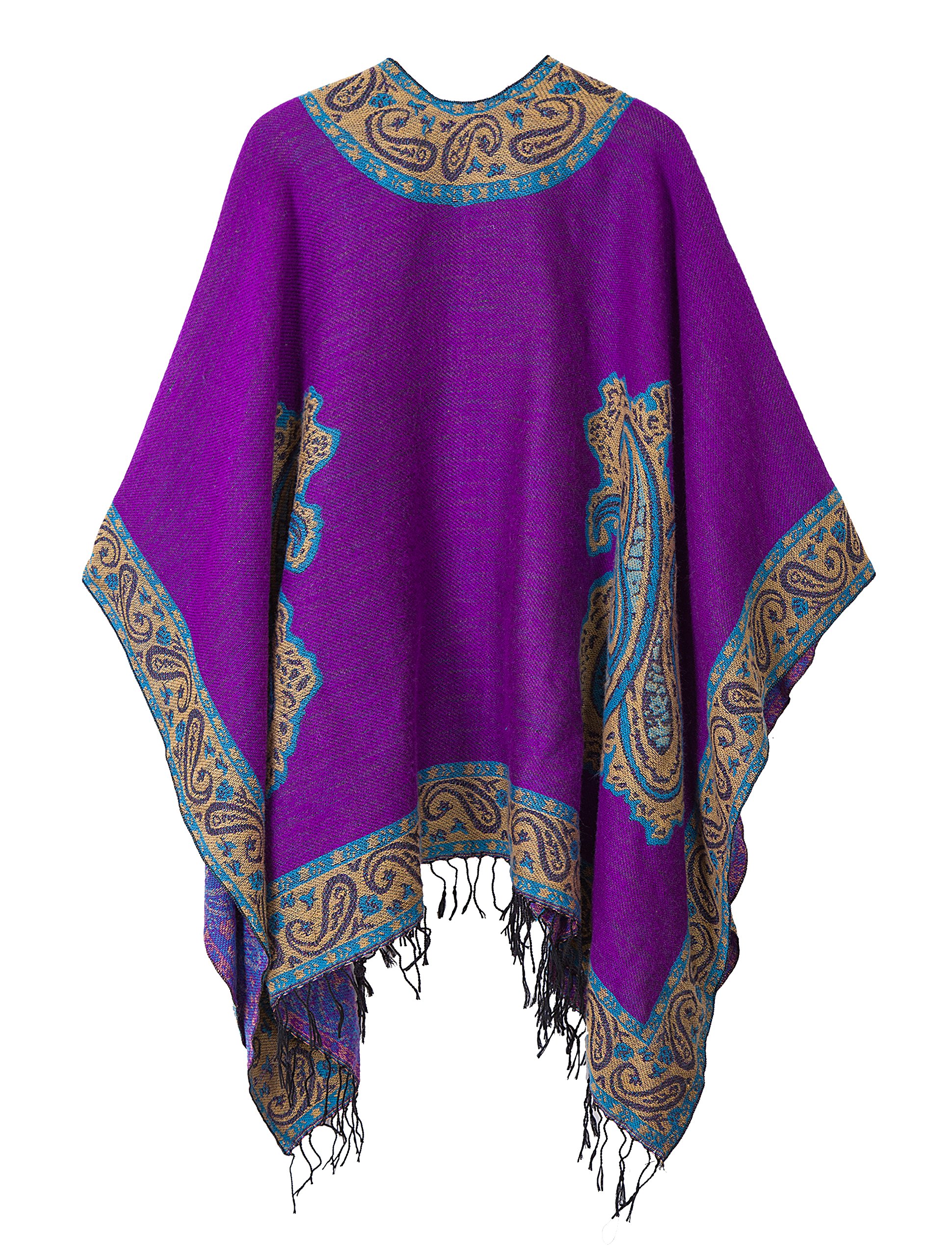 Urban CoCo Women's Fashionable Retro Style Vintage Pattern Tassel Poncho Shawl Cape (series 2 Purple)