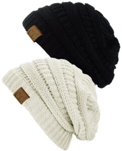 c.c trendy warm chunky soft stretch cable knit beanie skully, 2 pack black/ivory