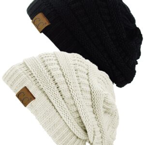 C.C Trendy Warm Chunky Soft Stretch Cable Knit Beanie Skully, 2 Pack Black/Ivory