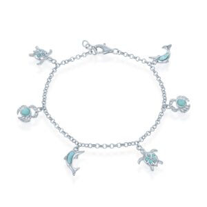 sterling silver natural larimar nautical turtle, dolphin, crab charm 7+1" bracelet