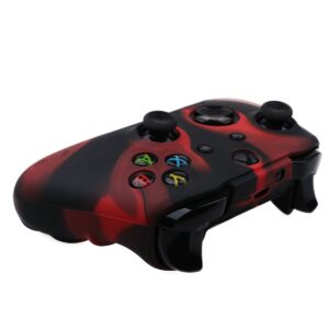 YoRHa Silicone Cover Skin Case for Microsoft Xbox One X & Xbox One S Controller x 1(red Black) with Pro Thumb Grips 8 Pieces