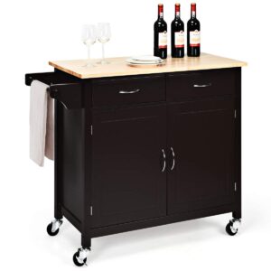 giantex kitchen island, rolling kitchen cart, wood counter top, utility service trolley cart with storage cabinet and 2 large drawer towel rack, bar dining room organizer furniture, dark brown