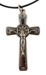 nickel silver cross crucifix pendant with blue crystals, 1 1/2 inch