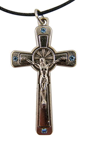 Nickel Silver Cross Crucifix Pendant with Blue Crystals, 1 1/2 Inch