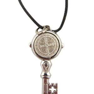 Silver Toned Base Saint St Benedict Jubilee Medal Key Pendant, 1 1/4 Inch