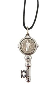 silver toned base saint st benedict jubilee medal key pendant, 1 1/4 inch