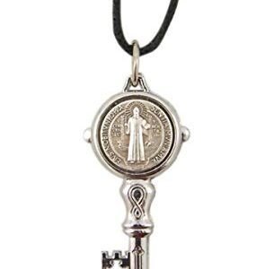 Silver Toned Base Saint St Benedict Jubilee Medal Key Pendant, 1 1/4 Inch