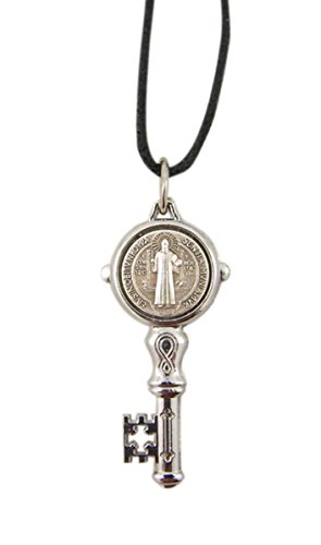 Silver Toned Base Saint St Benedict Jubilee Medal Key Pendant, 1 1/4 Inch