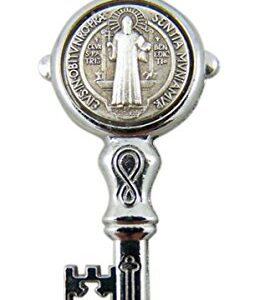 Silver Toned Base Saint St Benedict Jubilee Medal Key Pendant, 1 1/4 Inch