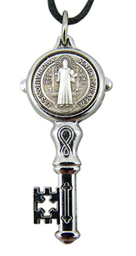 Silver Toned Base Saint St Benedict Jubilee Medal Key Pendant, 1 1/4 Inch