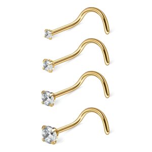 ruifan 4pcs 20g 316l surgical steel 1.5mm 2mm 2.5mm 3mm clear round diamond cubic zirconia crystal nose screw studs rings piercing jewelry - gold