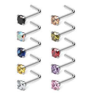 ruifan 10pcs 18g surgical steel mix color diamond cz nose stud rings l shaped piercing jewelry 3mm