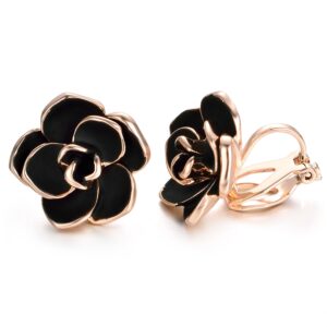 yoursfs black clip on earrings for women 18k gold plated rose flower earring enamel hypoallergenic non pierced