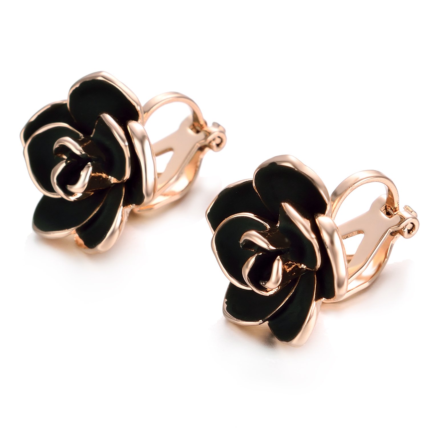 Yoursfs Black Clip On Earrings for Women 18K Gold Plated Rose Flower Earring Enamel Hypoallergenic Non Pierced