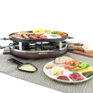 SwissMar KF-77068 8-Person Matterhorn Oval Raclette w/ Wood base, reversible cast aluminum Non-Stick grill plate