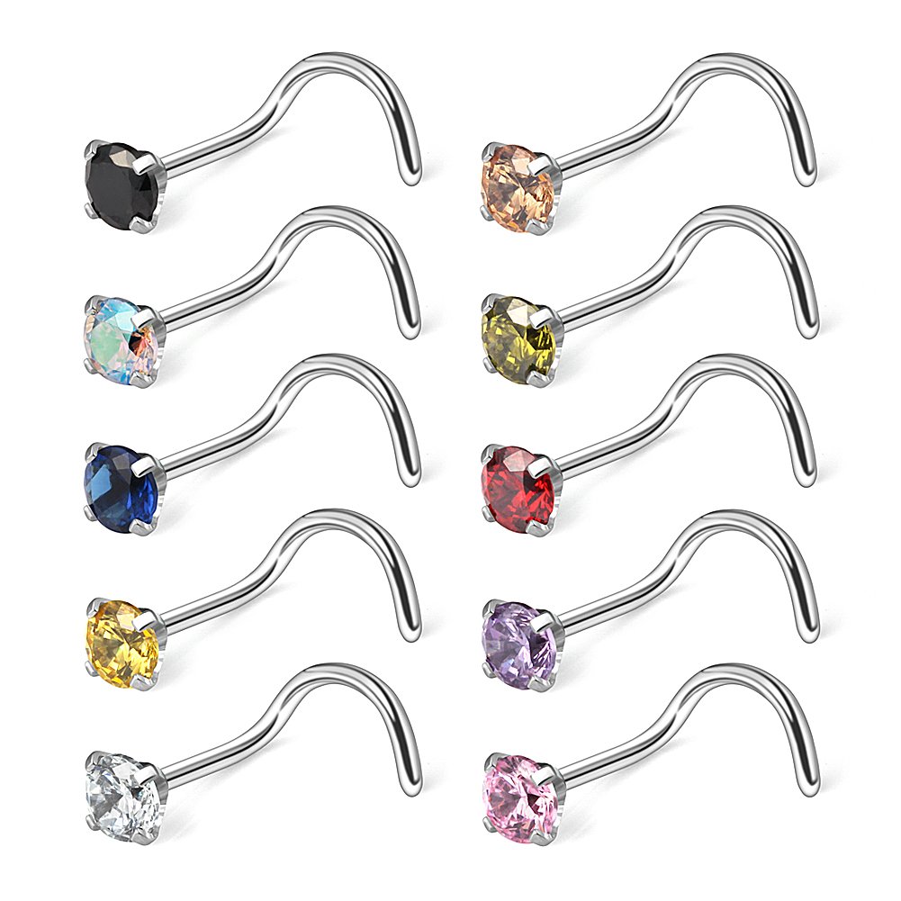 Ruifan 10PCS 18G Surgical Steel Mix Color Diamond CZ Nose Stud Rings Screw Piercing Jewelry 3mm