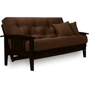 westfield rich espresso futon frame (available in full or queen size, warm black finish) made of solid wood, mission style futon sofa sleeper with curved arms