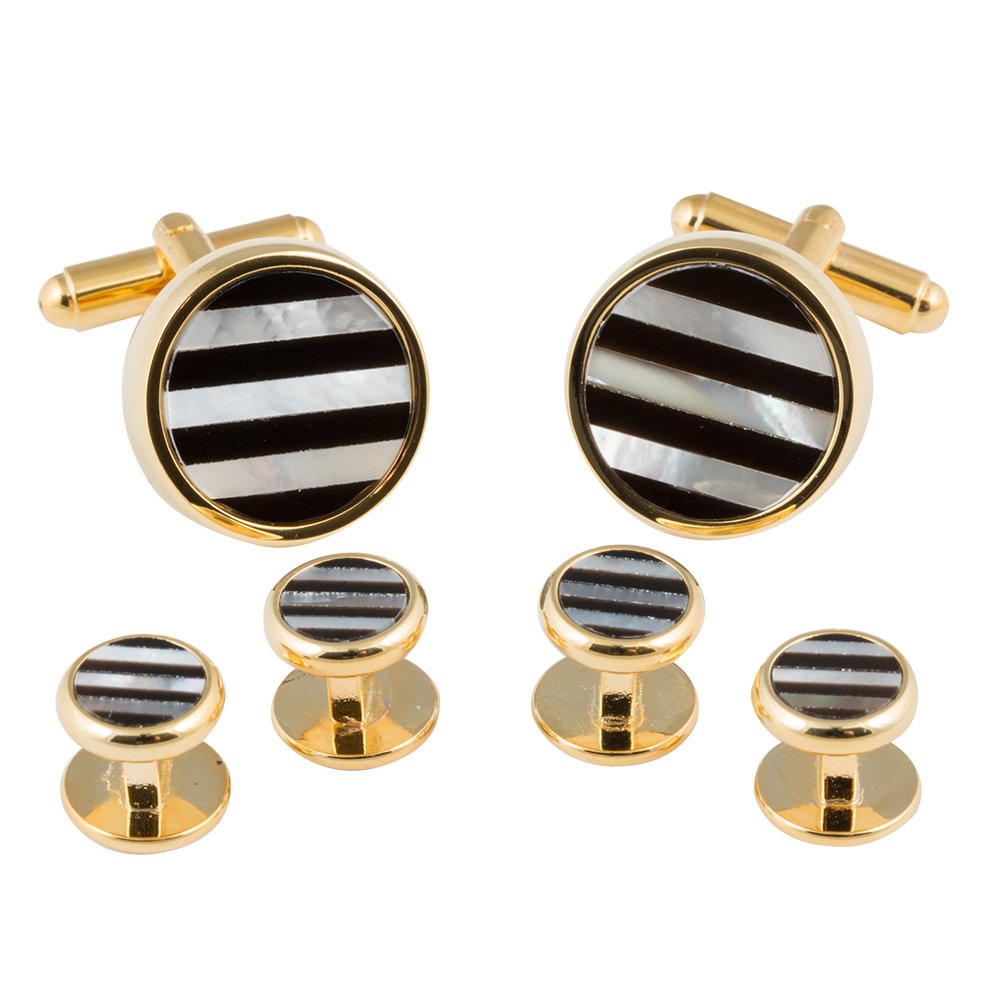 Cuff-Daddy Striped Onyx and Mother of Pearl Gold Cufflinks and Studs Round Formal Set with Presentation Gift Box Unique Fashion Designed French Cuff Links Mens Wedding Business Best Gifts for Men