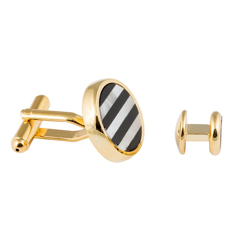 Cuff-Daddy Striped Onyx and Mother of Pearl Gold Cufflinks and Studs Round Formal Set with Presentation Gift Box Unique Fashion Designed French Cuff Links Mens Wedding Business Best Gifts for Men