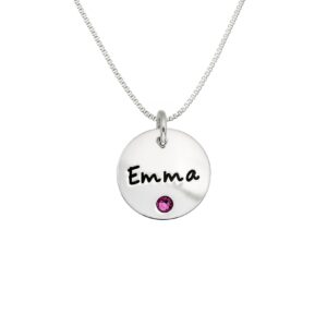 personalized sterling silver round name charm necklace with choice of swarovski® birthstone setting.