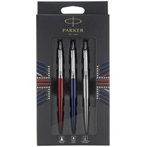 parker jotter london trio discovery pack: ballpoint pen (royal blue), gel pen (red kensington) & mechanical pencil (stainless steel)