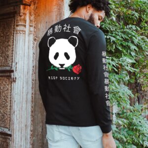 Riot Society Mens Panda Rose Long Sleeve T-Shirt - Black, Large