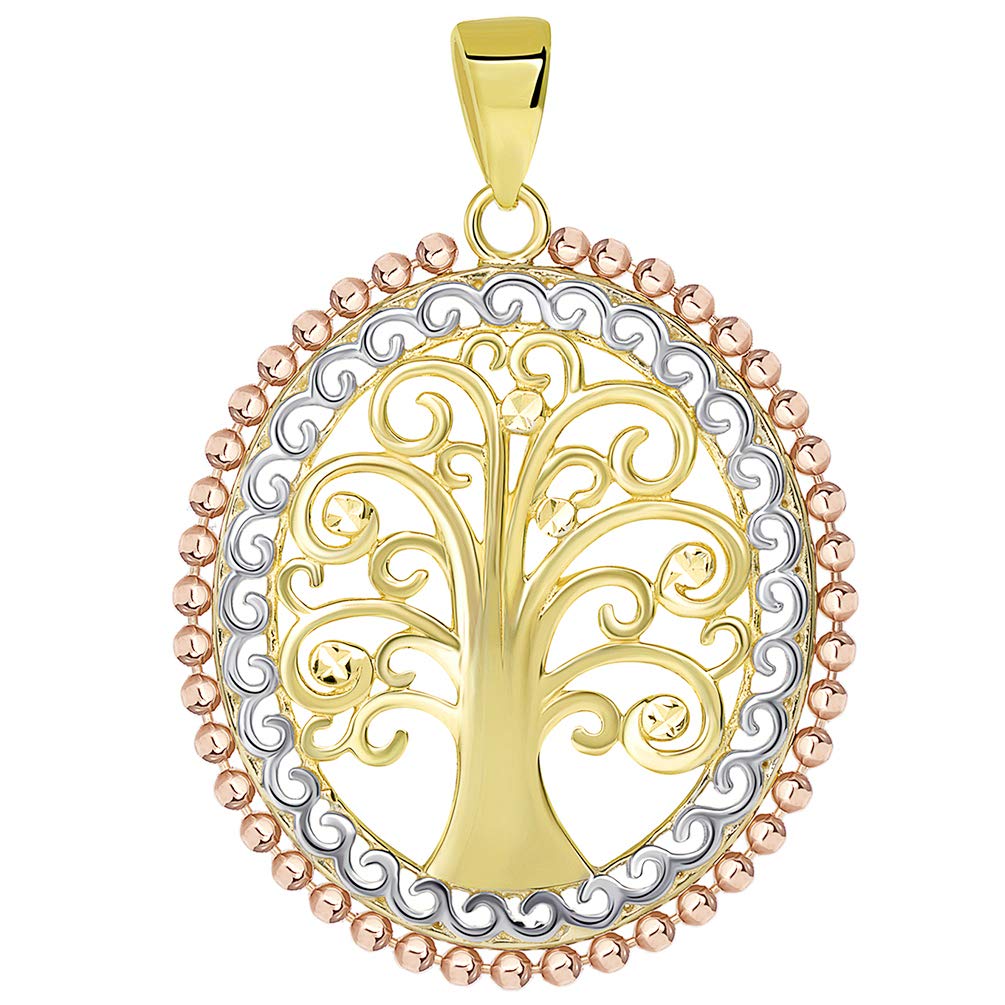 Jewelry America 14K Yellow Gold & Rose Gold Oval Budded Tree of Life Charm Pendant