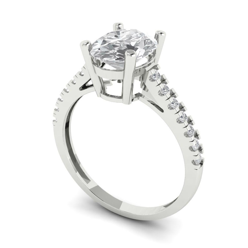 2.21 Ct Oval Cut Clear Simulated Diamond 14K White Gold Solitaire with Accents Engagement Anniversary Ring Size 5.25