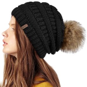 furtalk womens winter knit slouchy beanie hat warm skull ski cap faux fur pom pom hats for women