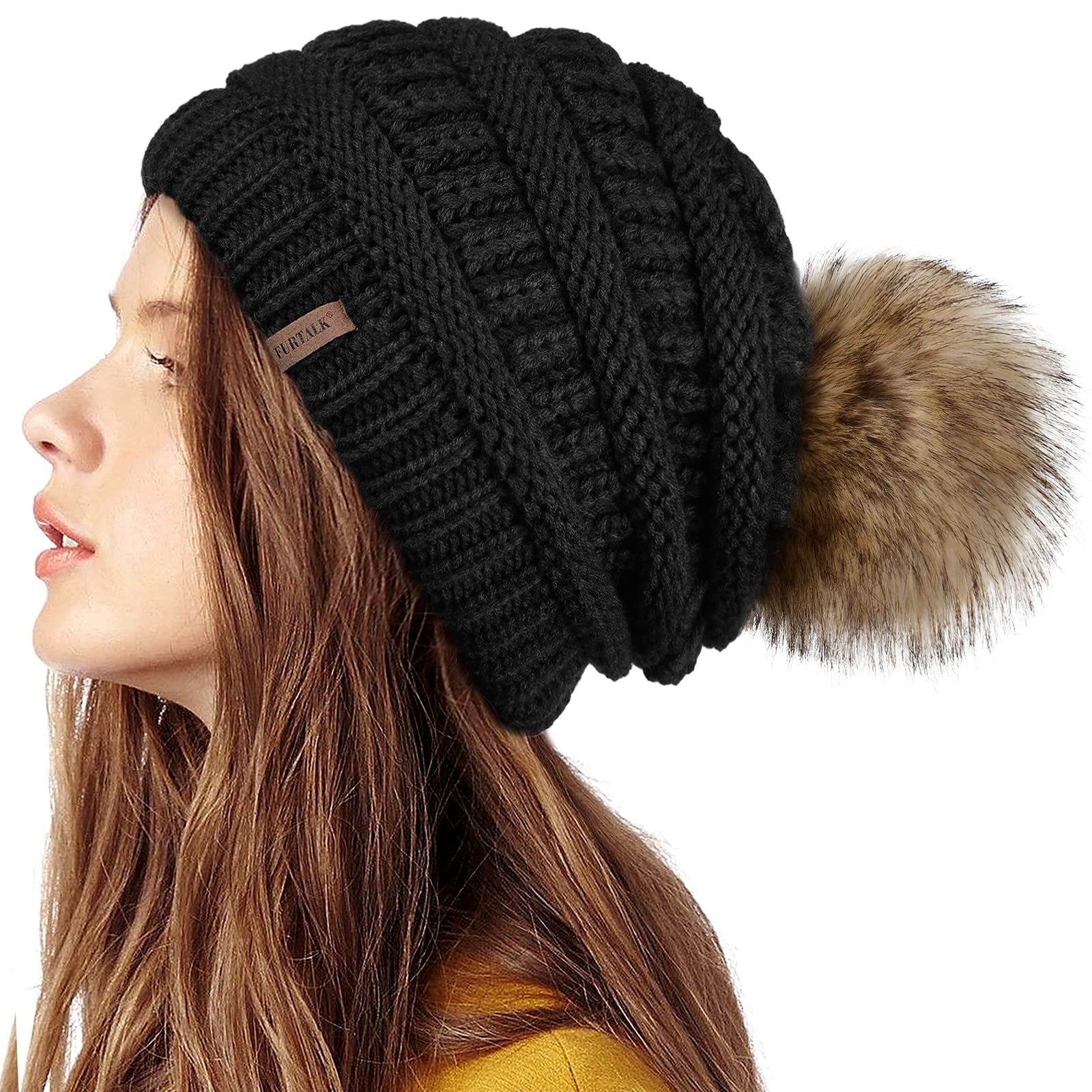 FURTALK Womens Winter Knit Slouchy Beanie Hat Warm Skull Ski Cap Faux Fur Pom Pom Hats for Women