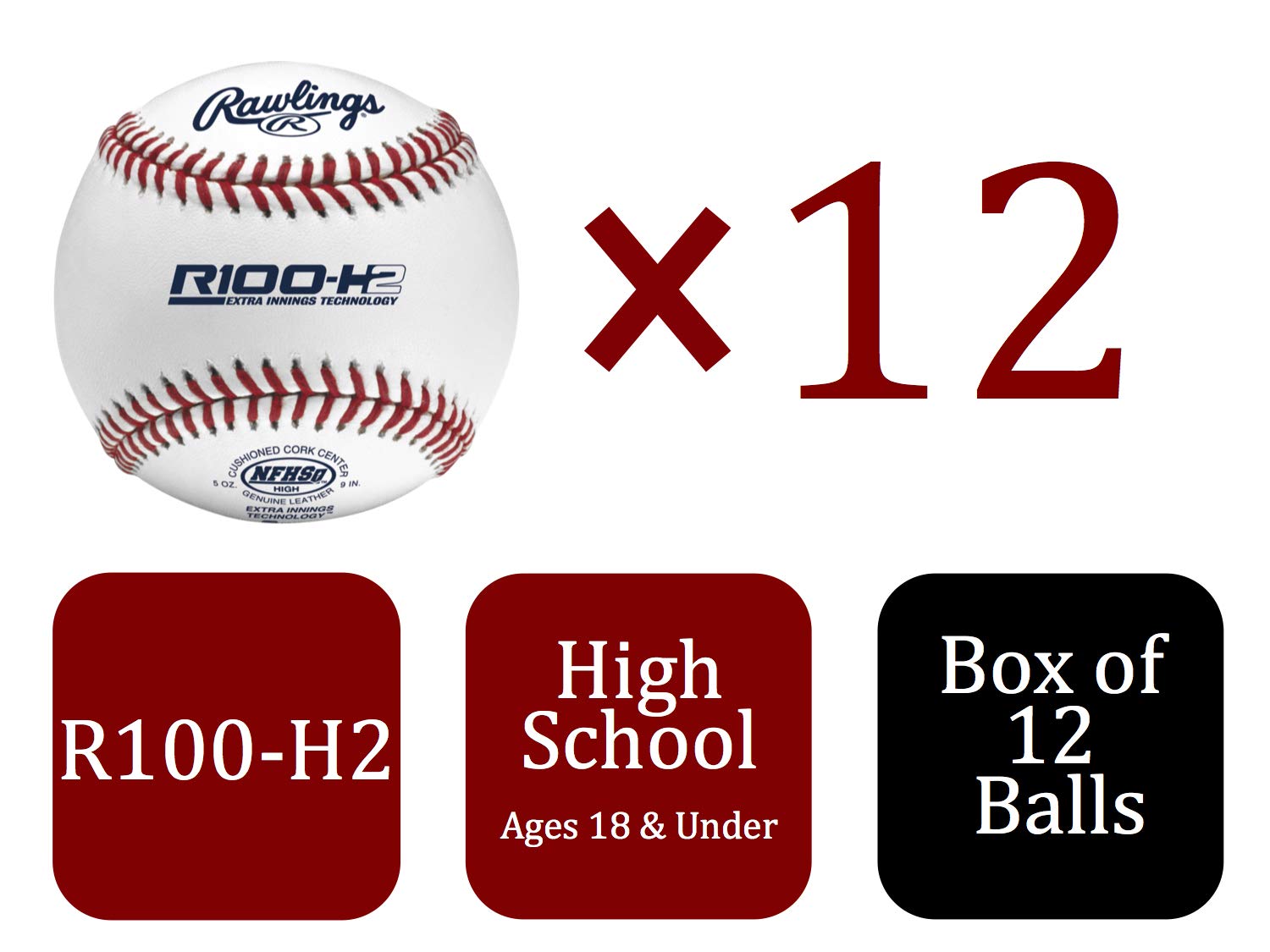 Rawlings | NFHS NOCSAE High School Game Baseballs | R100-H2 | Game/Practice Use | 12 Count