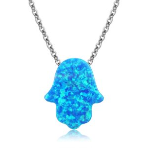 kaletine hamsa hand of fatima necklace sterling silver blue synthetic opal pendant 11x13mm cable chain 16"/17"/18"