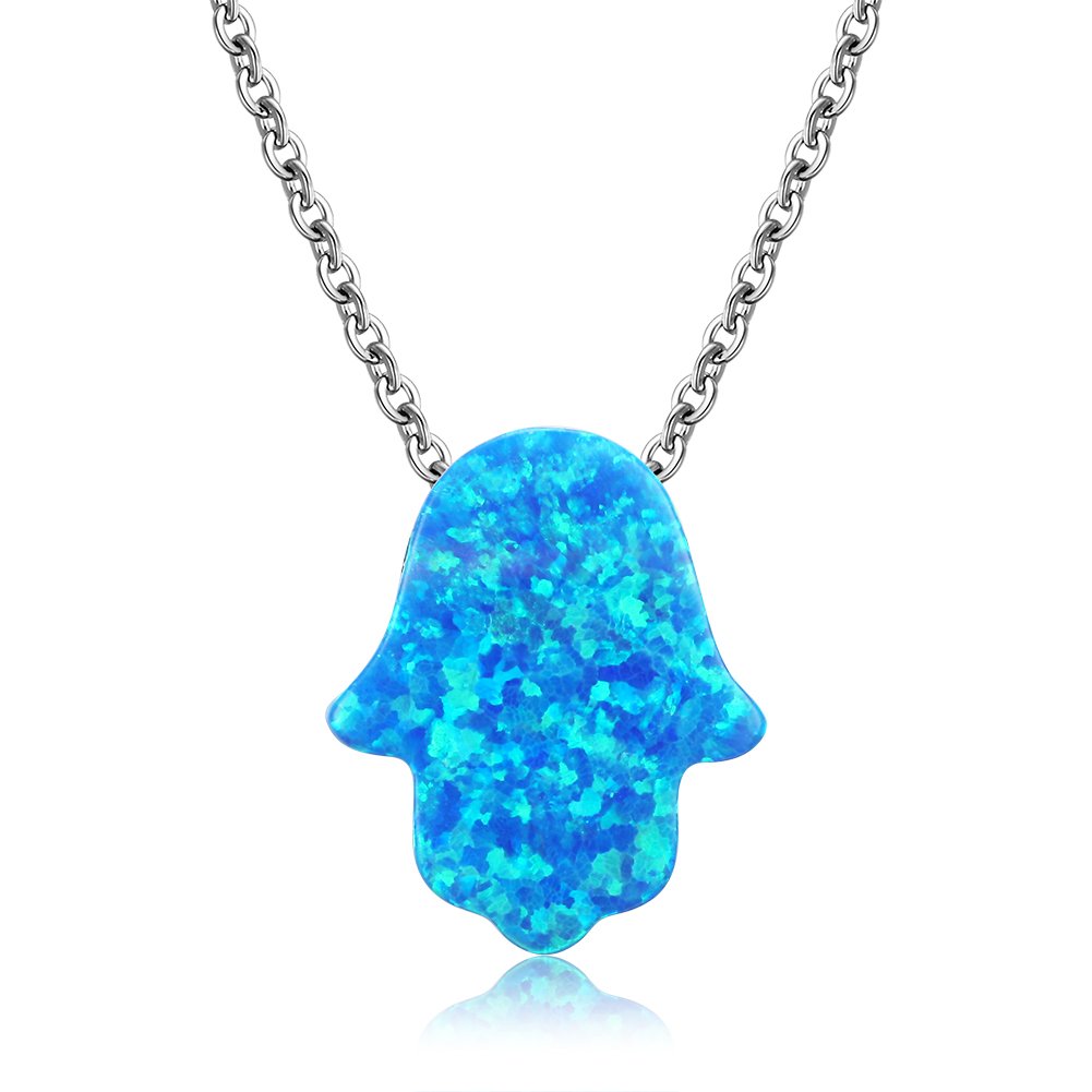 Kaletine Hamsa Hand of Fatima Necklace Sterling Silver Blue Synthetic Opal Pendant 11x13mm Cable Chain 16"/17"/18"