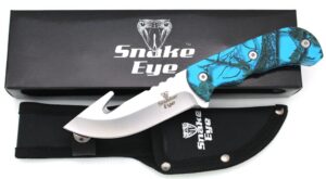 snake eye tactical skinner fixed blade knife w/gut hook blade 8.5" overall camping hunting fishing outdoors (blue)