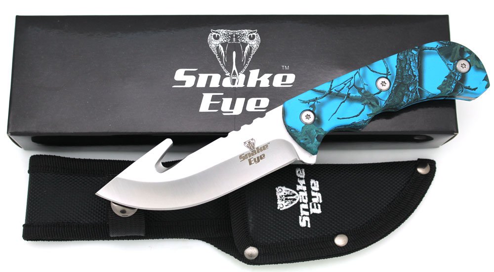 Snake Eye Tactical Skinner Fixed Blade Knife w/Gut Hook Blade 8.5" Overall Camping Hunting Fishing Outdoors (Blue)