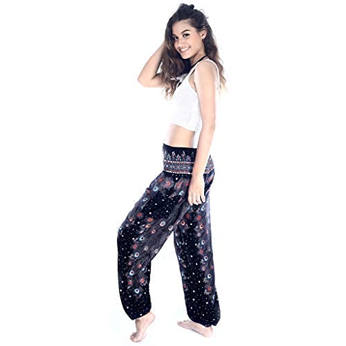 Boho Pants Harem Pants Yoga Trousers for Woman Bohemian Beach Pants (Plumes Black, Medium)