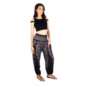 Boho Pants Harem Pants Yoga Trousers for Woman Bohemian Beach Pants (Plumes Black, Medium)