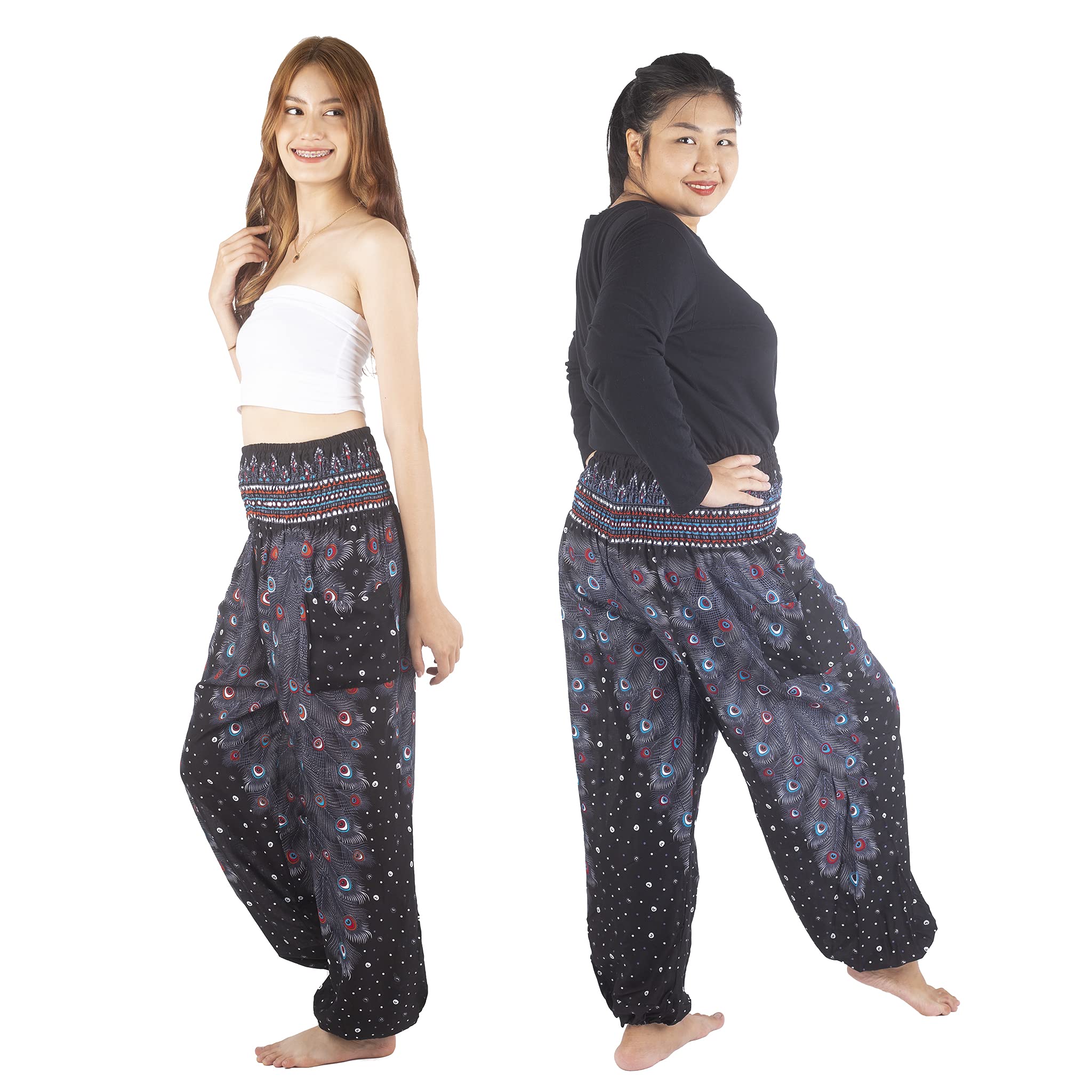 Boho Pants Harem Pants Yoga Trousers for Woman Bohemian Beach Pants (Plumes Black, Medium)