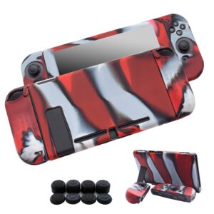 hikfly 3pcs silicone gel non-slip cover skin protector case kits compatible for nintendo switch 6.2" screen(2017) consoles and joy-con controllers+8pcs thumb grips caps(red camou)