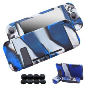 hikfly 3pcs silicone gel non-slip cover skin protector case kits compatible for nintendo switch 6.2" screen(2017) and joy-con controllers with 8pcs silicone gel thumb grips caps(blue camouflage)