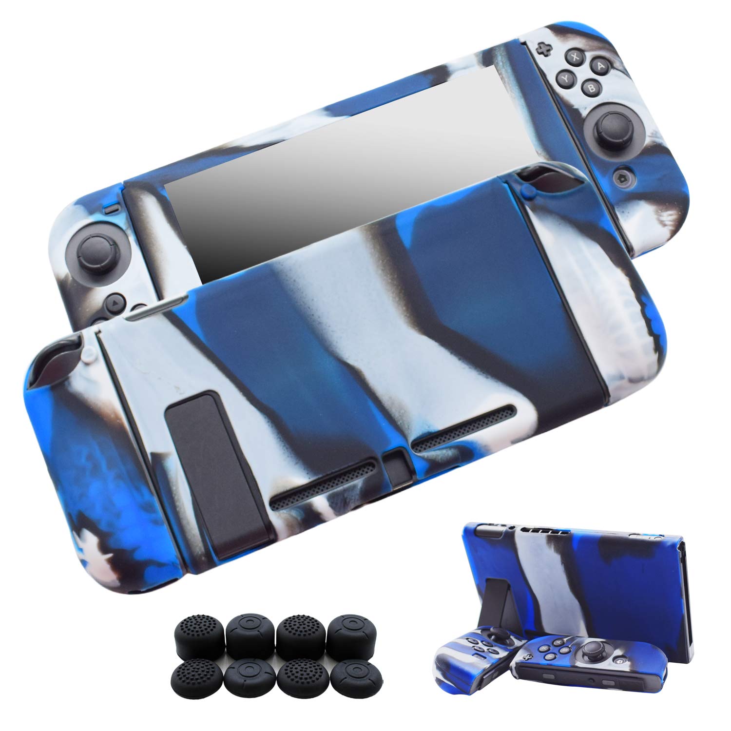 Hikfly 3pcs Silicone Gel Non-Slip Cover Skin Protector Case Kits Compatible for Nintendo Switch 6.2" Screen(2017) and Joy-Con Controllers with 8pcs Silicone Gel Thumb Grips Caps(Blue Camouflage)