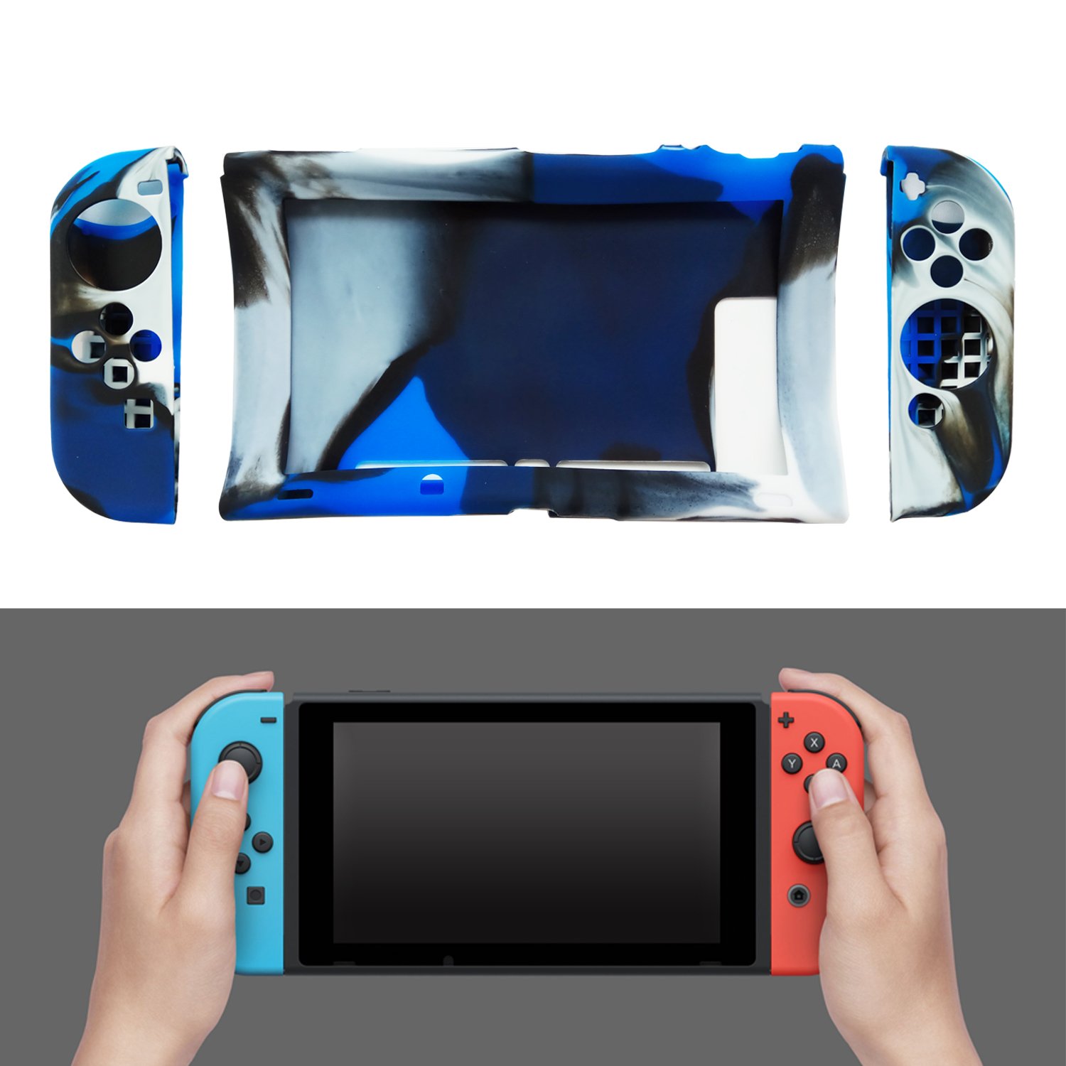 Hikfly 3pcs Silicone Gel Non-Slip Cover Skin Protector Case Kits Compatible for Nintendo Switch 6.2" Screen(2017) and Joy-Con Controllers with 8pcs Silicone Gel Thumb Grips Caps(Blue Camouflage)